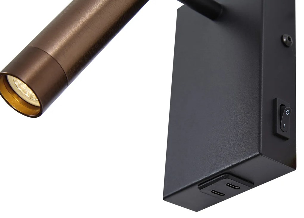 Moderní nástěnná lampa černá s tmavě bronzovou nastavitelná s USB-C - Croft