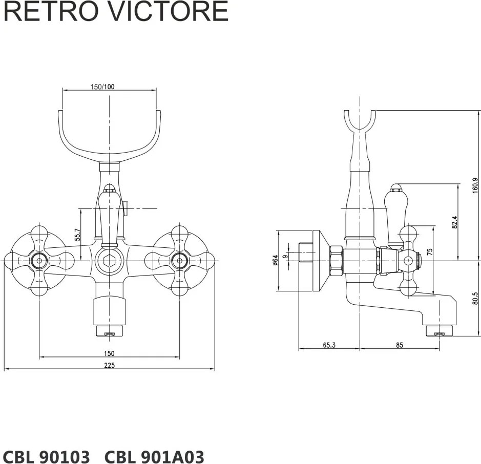 Mereo Mereo, Vanová nástěnná baterie, Retro Viktorie, 150 mm, bez příslušenství, chrom, CBL90103