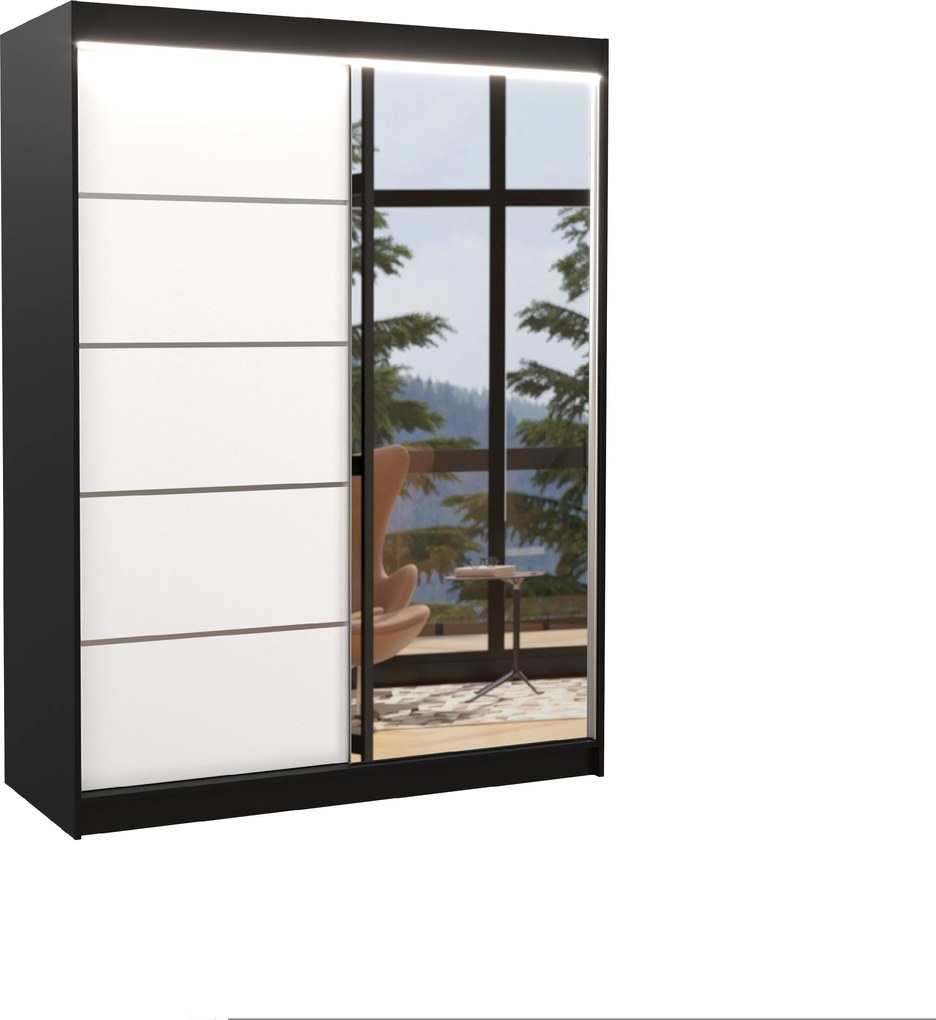 ADRK Furniture Posuvná skříň se zrcadlem a LED osvětlením LIMBO 150 SW-LIM-B+W-150+L-V209