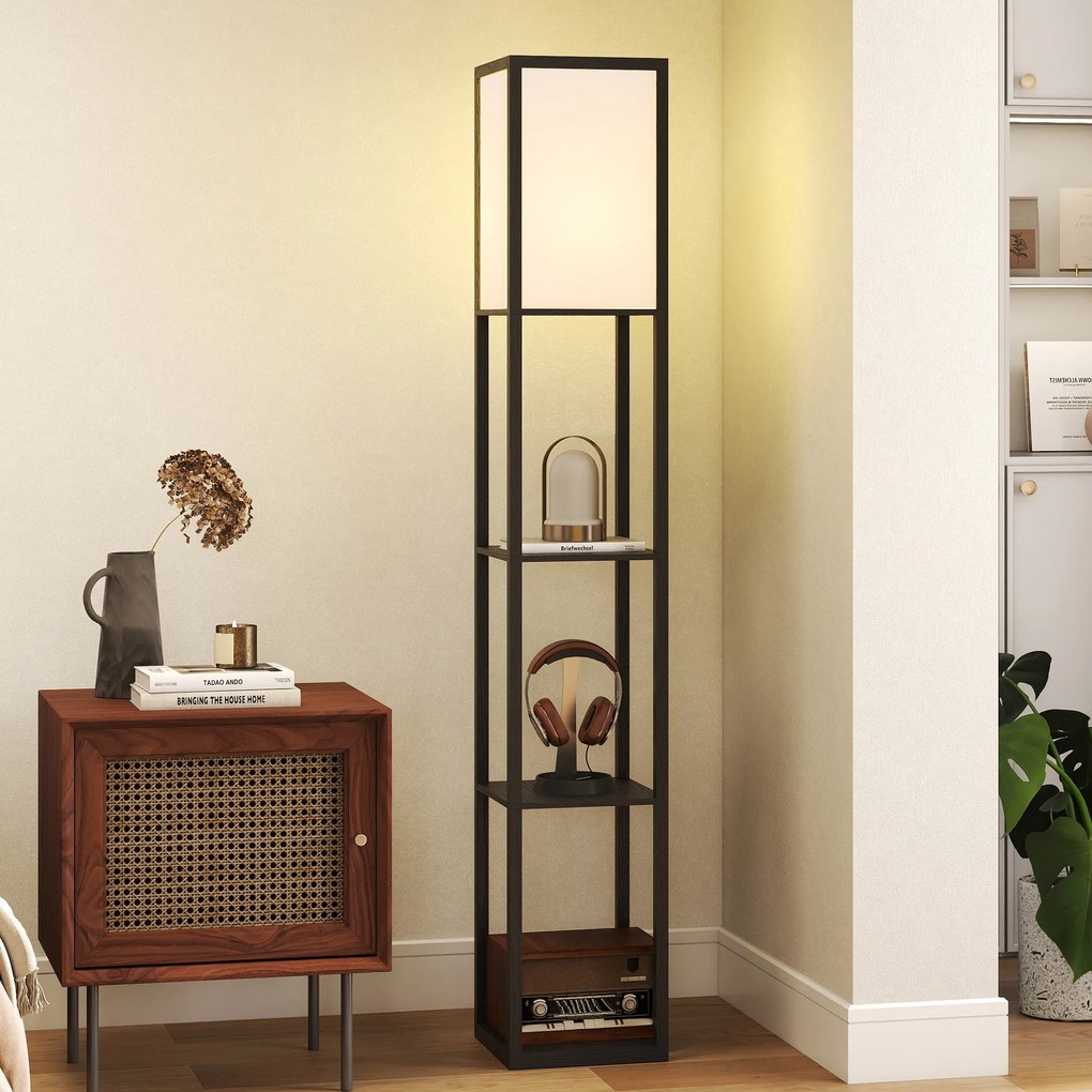 HOMCOM Stojací lampa se 3 policemi, stojací lampa s objímkou E27, 26 x 160 cm, pro obývací pokoj/ložnici (bez žárovky)