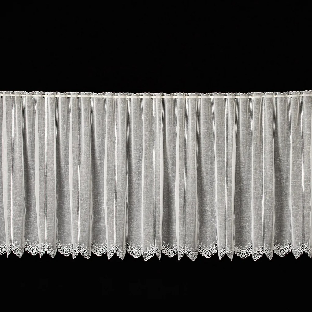 Českomoravská textilní vitrážová záclona, polyesterový batist V507 lístky s bordurou, vyšívaná, bílá výška 60cm (v metráži)