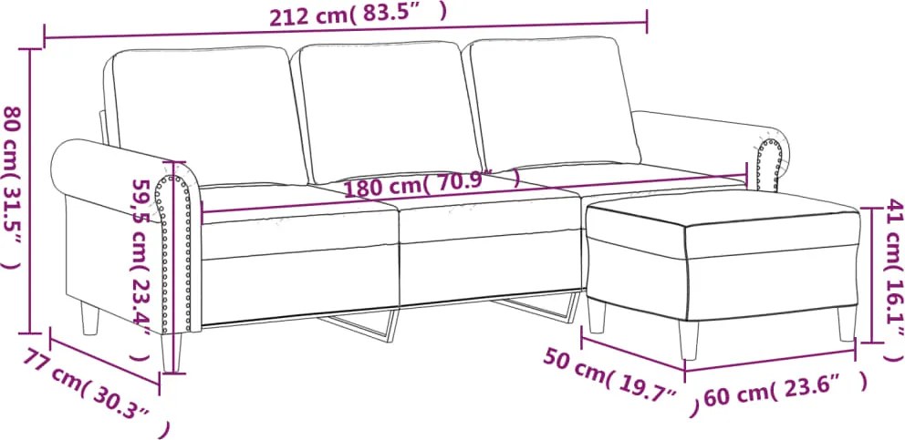 3místná pohovka s podnožkou tmavě šedá 180 cm samet 3201216