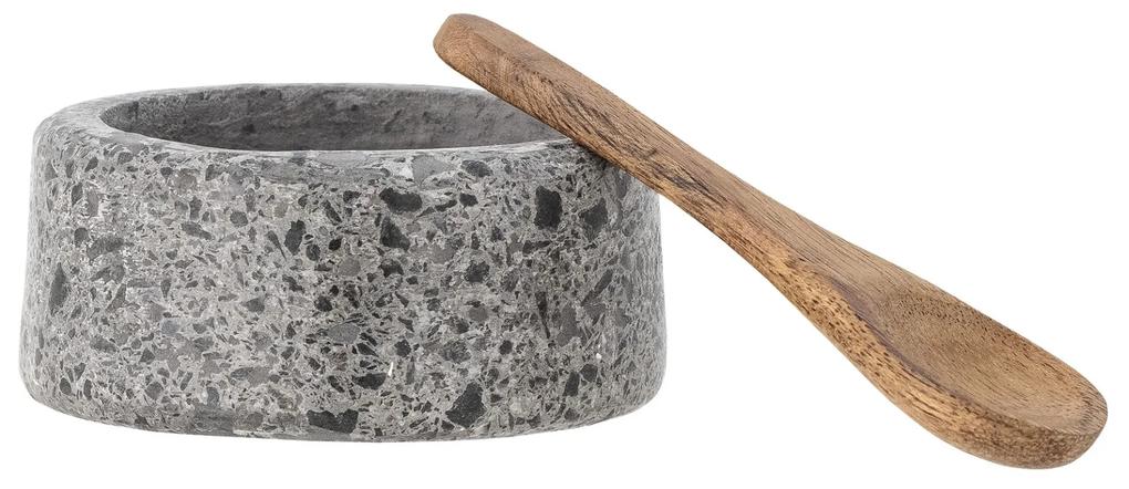 Bloomingville Kamenná dóza na sůl se lžičkou Ghizelle Acacia, šedá barva, dřevo, kámen