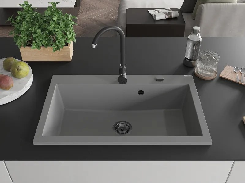 Mexen Elix, 1korový granitový dřez 800 x 500 mm, šedá, černý sifon, 6527801005-71-B