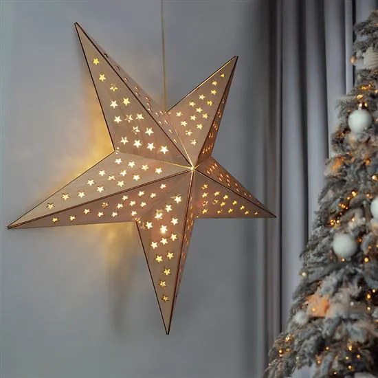 SOLIGHT LED dřevěná závěsná vánoční hvězda, časovač, 20x LED, 65cm, 2x AA