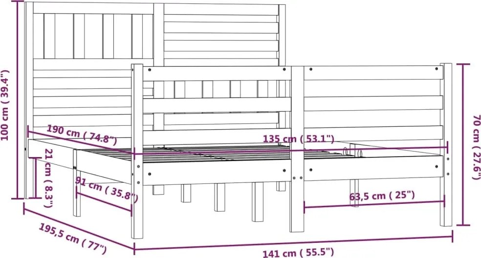 vidaXL Rám postele 135 x 190 cm Double masivní dřevo [3101064] Barva: Bílá