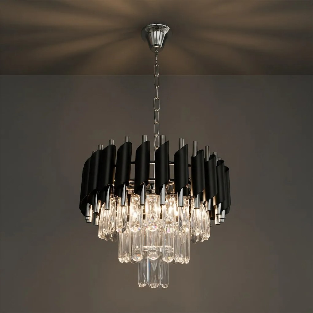 Lustr Cristal, 1x křišťálové/chromové/černé kovové stínítko, (fi 38cm), ch