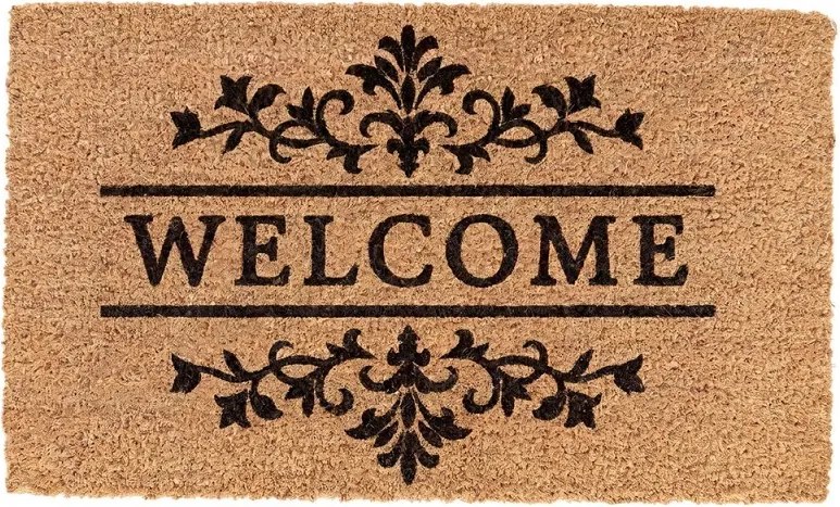Hnědá kokosová rohožka s ornamenty Welcome - 75*45*1 cm