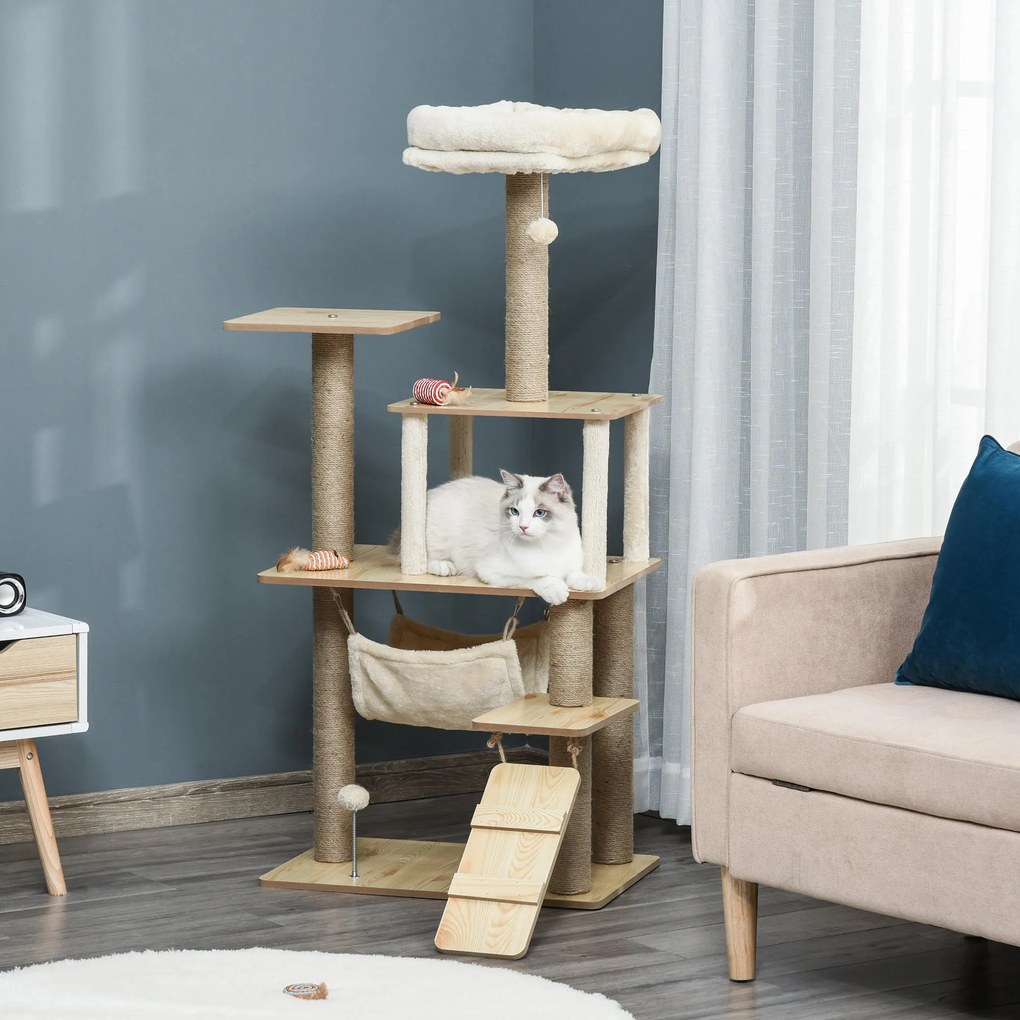 PawHut dřevěný kočičí strom s prolézačkou a kočičí jeskyní, jutové špalky, míčky na hraní, žlutý, 60x40x130cm pro aktivní kočky