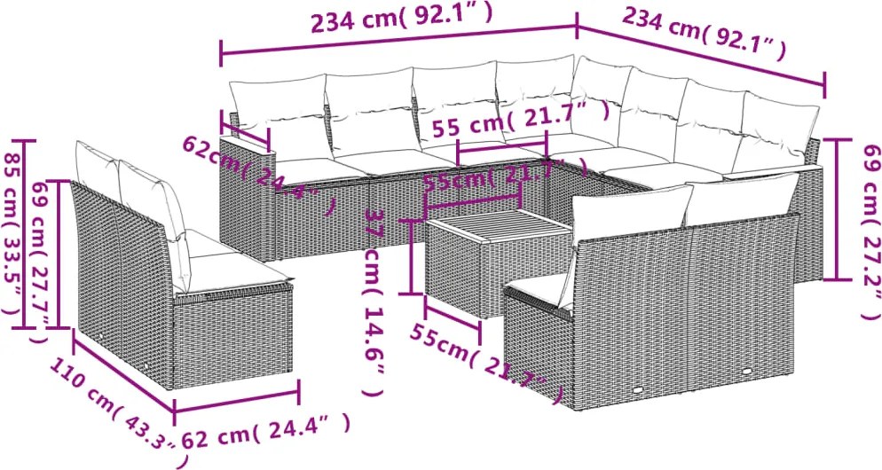12dílná zahradní sedací souprava s poduškami černá polyratan 3258493