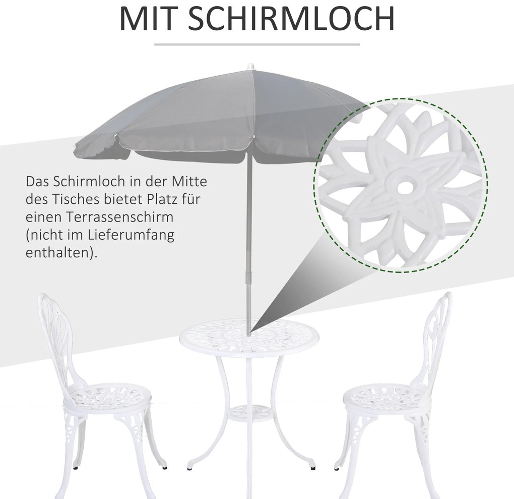 Outsunny sedací souprava pro 2 osoby jídelní set zahradního nábytku se stolem a 2 židlemi, hliníková s otvorem pro slunečník, bílá pro balkon a teras…