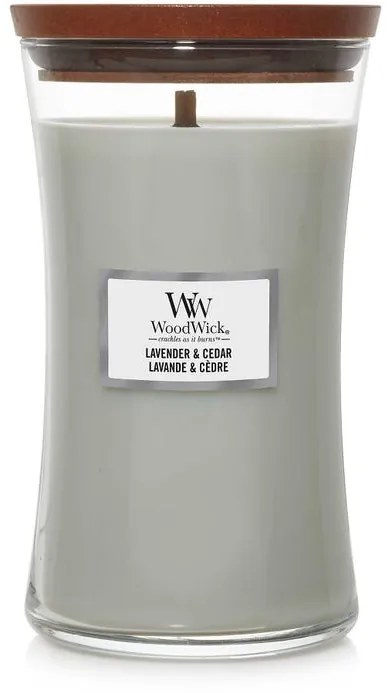 WoodWick vonná svíčka s dřevěným knotem velká Lavender & Cedar 609g