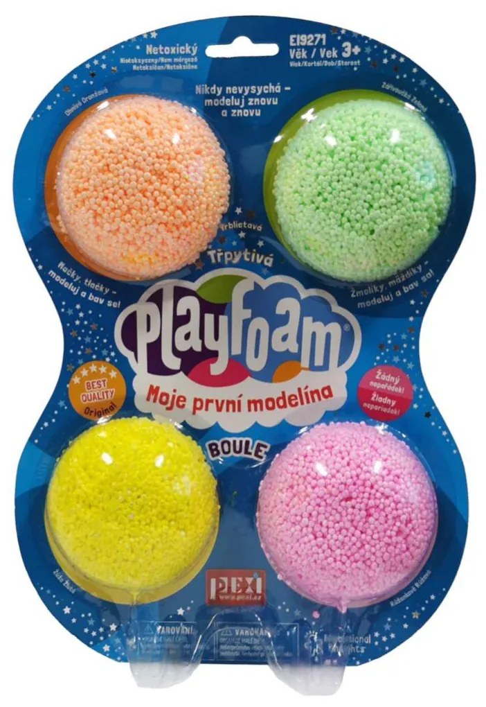 PlayFoam® 4pack třpytivé Modelína/Plastelína kuličková 4 barvy se třpytkami na kartě 19,5x27x3cm