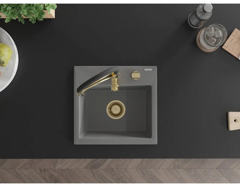 Mexen Milo, 1-komorový granitový dřez 435x410x171 mm a dřezová baterie Aster, šedá, 6505-71-73450-57-G