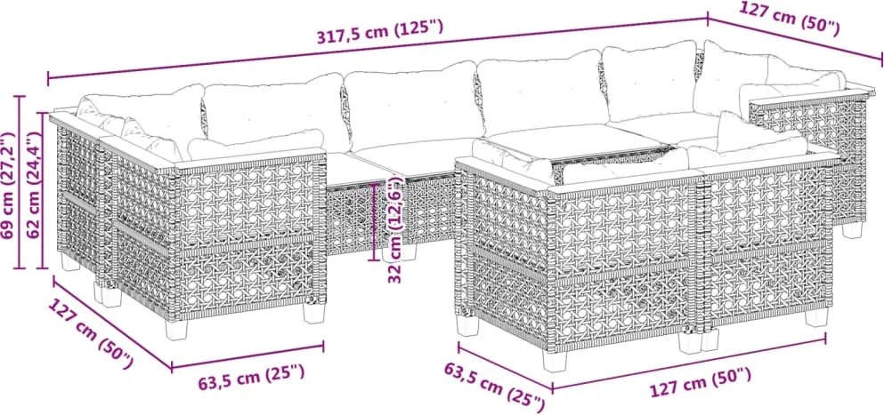 9dílná zahradní sedací souprava s poduškami šedá polyratan 3261993