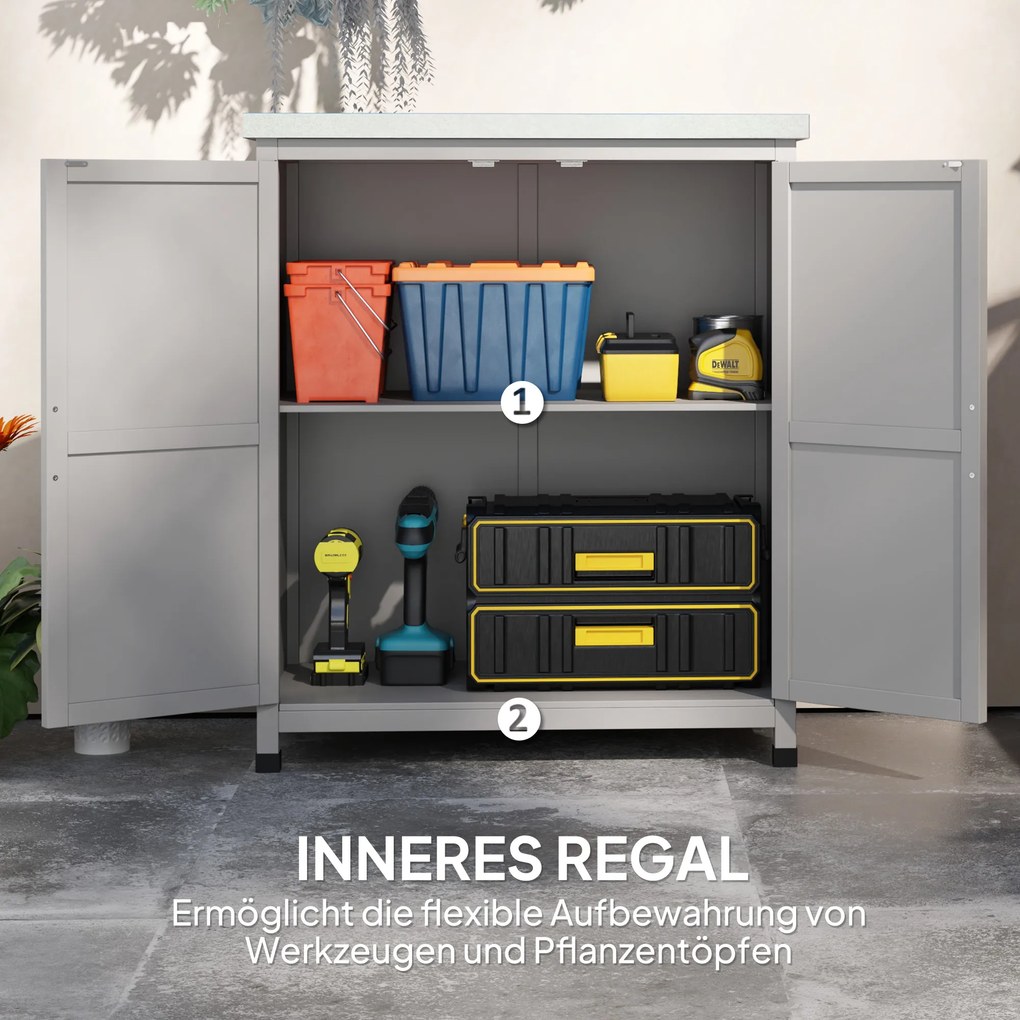 Outsunny Zahradní skříňka, venkovní skříňka s pracovním povrchem, skříňka na nářadí, masivní dřevo, ocel, 79Š x 43H x 92V cm, šedá