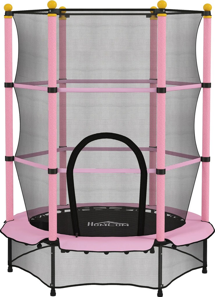 HOMCOM dětská trampolína Ø140 cm, trampolína s ochrannou sítí, kryt hran, zahradní trampolína pro děti 3-10 let, max. zatížení 50 kg, růžová barva