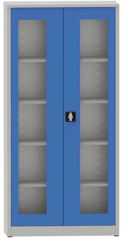 Kovona Svařovaná policová skříň s prosklenými dveřmi, 1950 x 950 x 500 mm, šedá/modrá