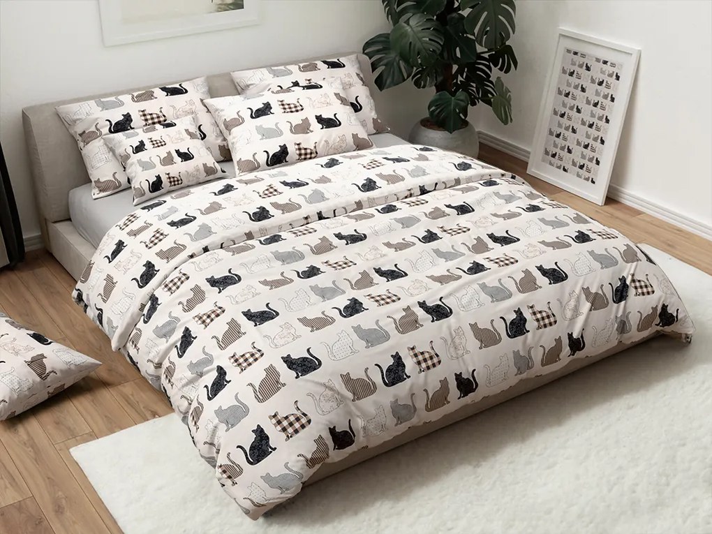 Povlečení z Renforcé bavlny PATTERNED CATS béžové Rozměr povlečení: 2 ks 70 x 90 cm | 200 x 220 cm