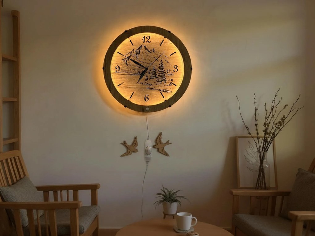 Li-Go "Hory" světelné hodiny 230V/12V/dub velikost svítidla/hodin: 31 cm