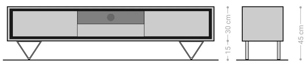 DELIFE TV stolek Stonegrace 175 cm akácie hnědá kamenná dýha 2 dvířka 1 zásuvka 1 přihrádka podnož ve tvaru V černá