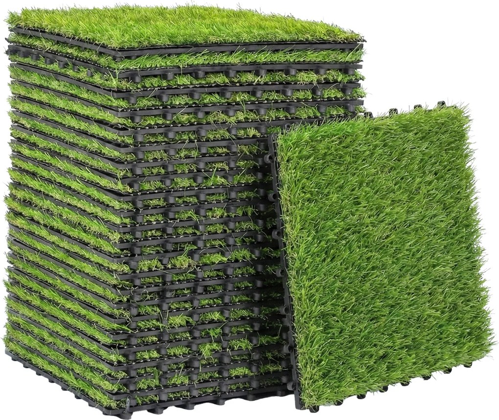Outsunny 22dílný koberec z umělé trávy, dlaždice 30 × 30 cm, výška vlasu 25 mm, automatické odvodnění — zelená | Aosom