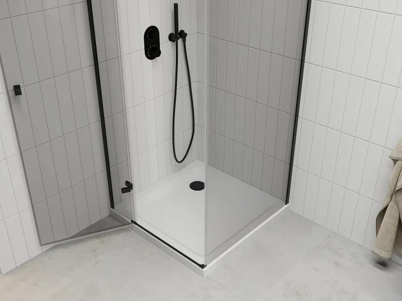 Mexen Roma, sprchový kout s 1-křídlými dveřmi 70 (dveře) x 80 (stěna) cm, 6mm čiré sklo, černý profil, slim sprchová vanička 5cm bílá s černým sifonem, 854-070-080-70-00-4010B