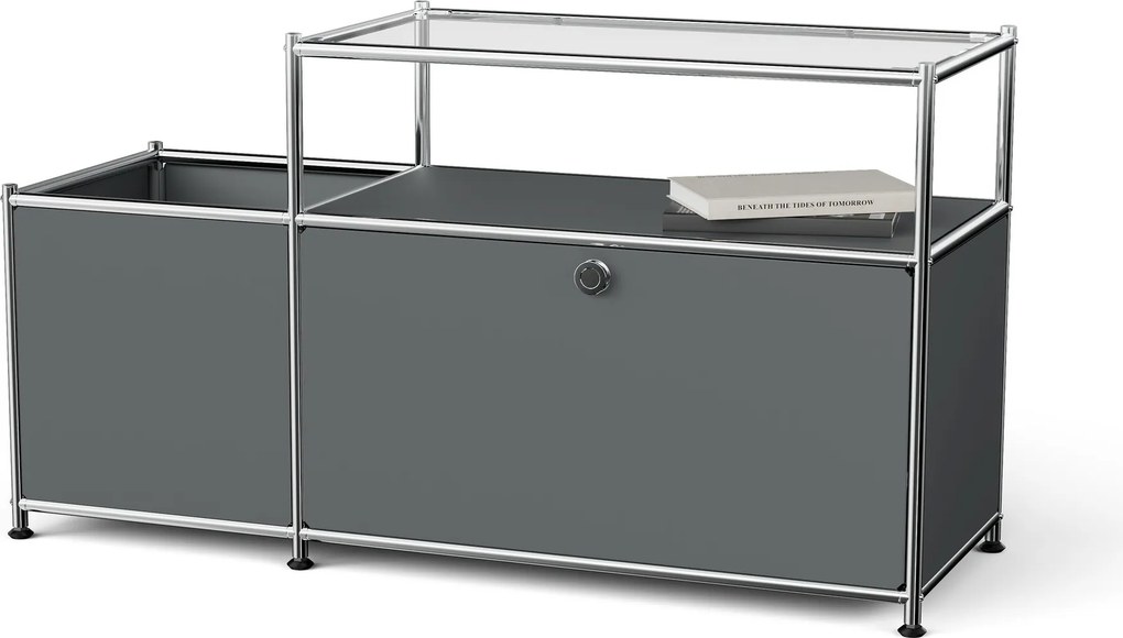 Tchibo - Nízká kovová skříňka »Cn3« s výklopnými dvířky a skleněnou deskou - barva: chrom