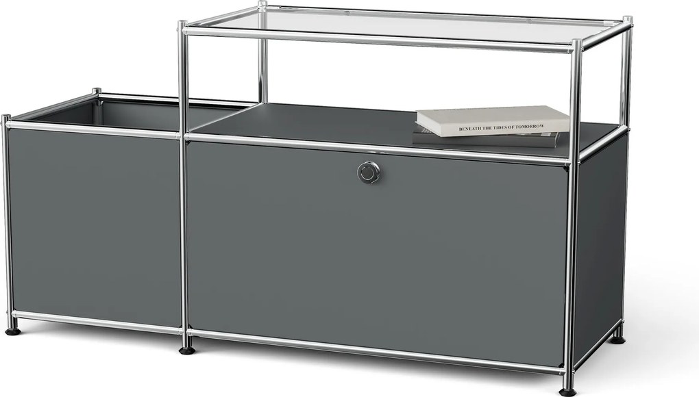 Tchibo - Nízká kovová skříňka »Cn3« s výklopnými dvířky a skleněnou deskou - barva: šedá