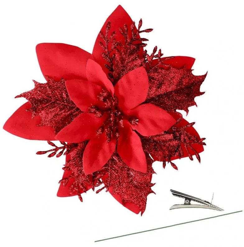 Flamenco Mystique Květina na vánoční stromek s klipem vánoce xxl 14 cm červený třpyt woz04cze.