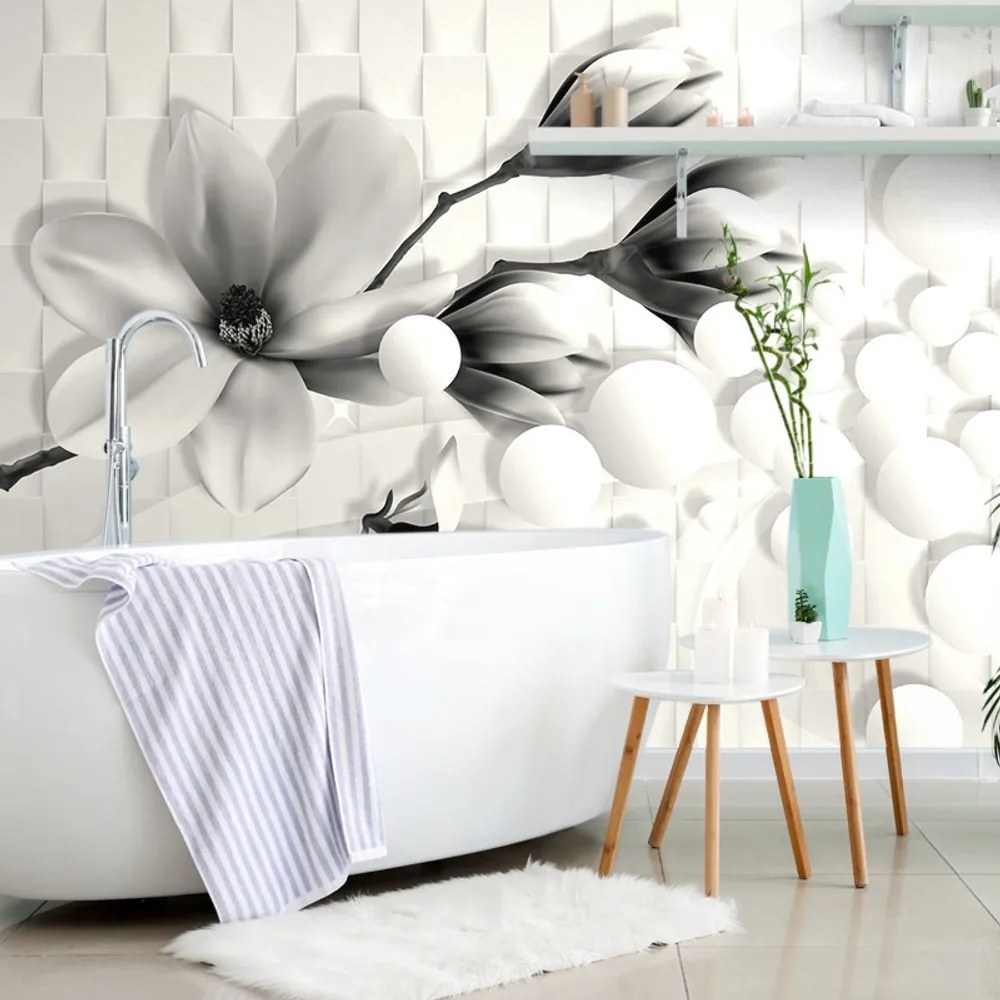 Samolepící tapeta černobílá magnolie s abstraktními prvky - 375x250 cm