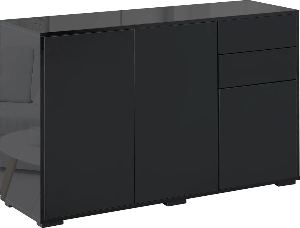 HOMCOM Buffet Skříň s Úložným Prostorem a 2 Zásuvkami, 3 Dveřmi, Nastavitelnou Policí, Dřevotřísková Deska, 117 x 36 x 74 cm Černá | Aosom