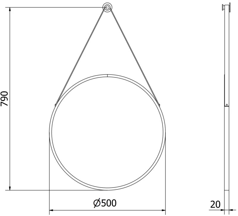 Mexen String, kulaté koupelnové zrcadlo na pásku 50 cm, barva rámu černá matná, 9854-050-050-000-70