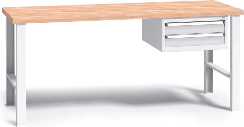 Pracovní stůl do dílny G3 se závěsným boxem na nářadí, buková spárovka, 2 zásuvky, pevné kovové nohy, 1700 mm, šedá