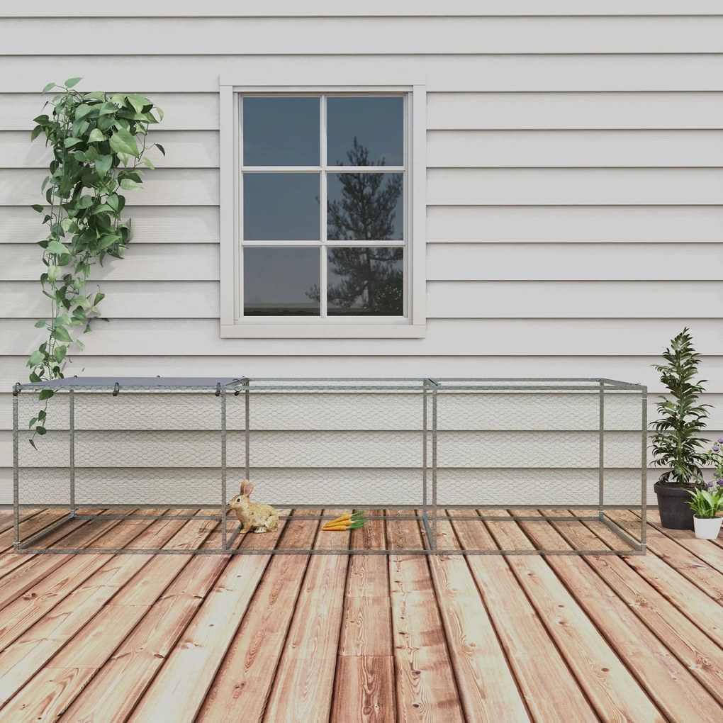 PawHut Venkovní Kurník pro Králíky 3 m² pro Malá Zvířata 3 x 1 x 0,8 m Galvanizovaná Ocel, 1 Horní Dveře, Kryté Prostor Tarp