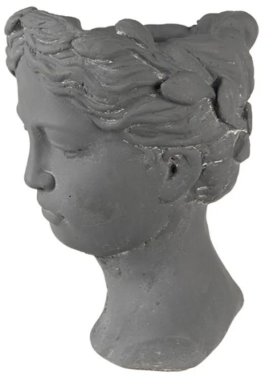 Šedý antik cementový květináč hlava ženy – 18x17x25 cm