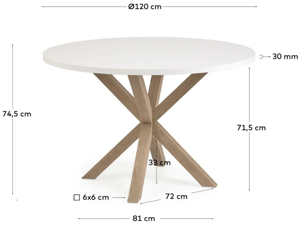 Bílý jídelní stůl Kave Home Argo 120 cm s přírodní kovovou podnoží