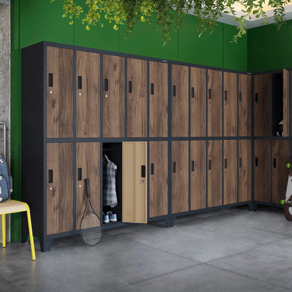 Plechová šatní skříňka na nožkách s 10 boxy BARTEK, 1360 x 1720 x 450 mm, Eco Design: antracitová/ ořech