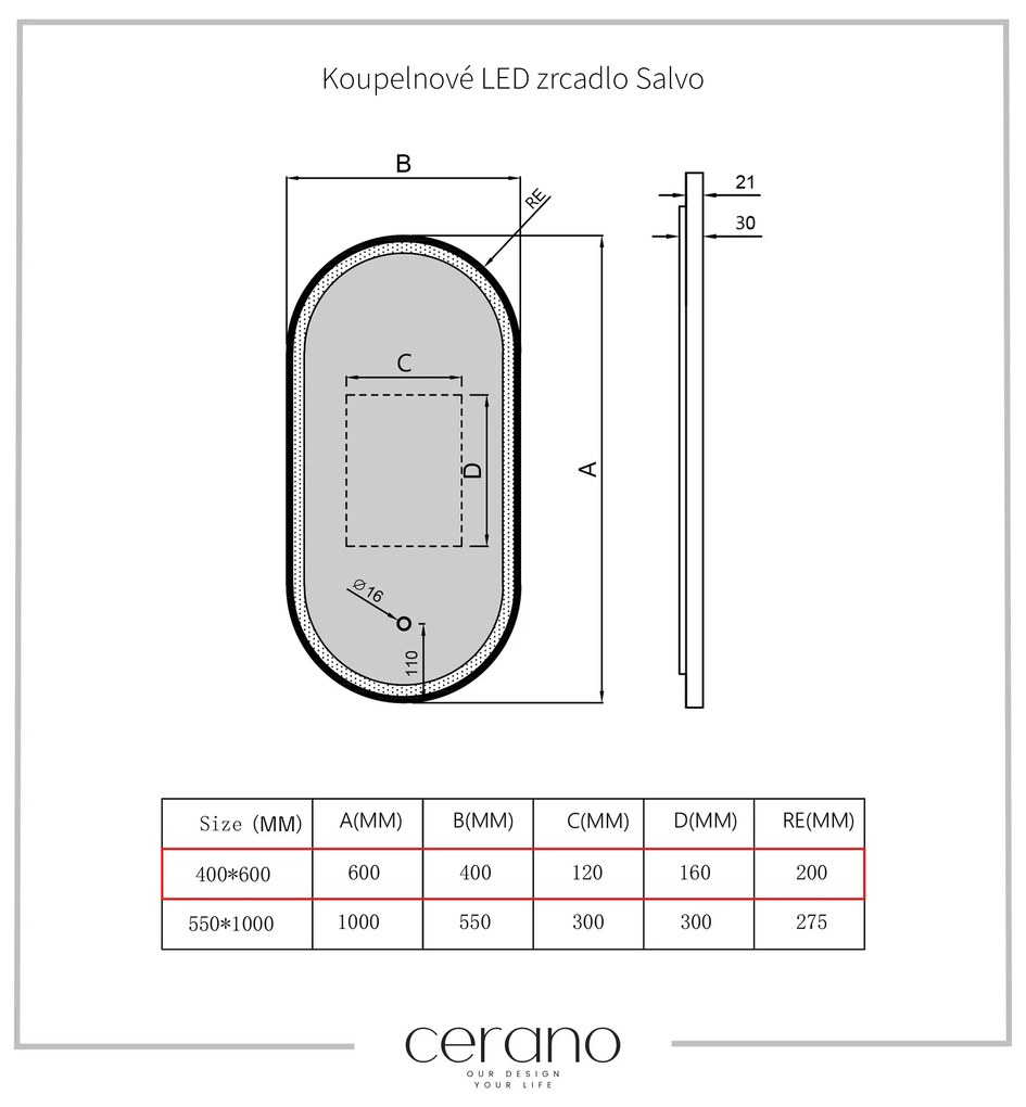 CERANO - Koupelnové LED zrcadlo Salvo, kovový rám - černá matná - 40x60 cm