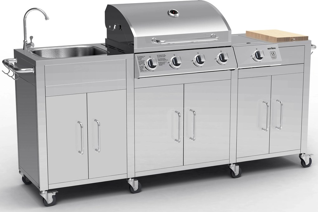 Nerezová zahradní BBQ kuchyně s umyvadlem BestBerg BBBQ-29SS / 5 hořáků / 17,2 kW / stříbrná