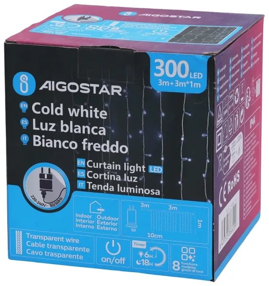 Aigostar - LED Ven. ván. řetěz 300xLED/6W/230V/8 funkcí 3x1m IP44 stud bílá+DO