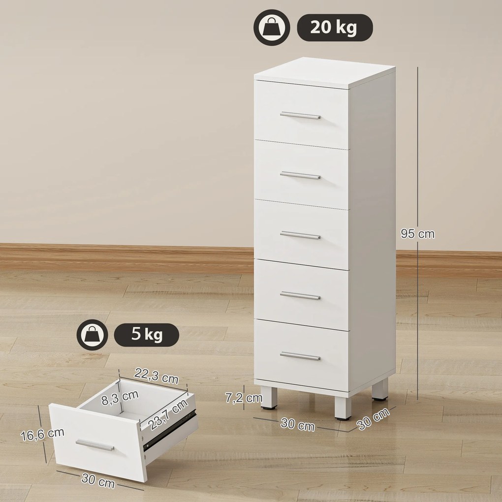 HOMCOM komoda s 5 zásuvkami, úzká moderní úložná skříň do ložnice, předsíně nebo obývacího pokoje, 30 x 95 cm, bílá