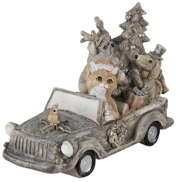 Vánoční dekorativní soška pejsků a kočičkou v autě se stromečkem – 16x8x11 cm