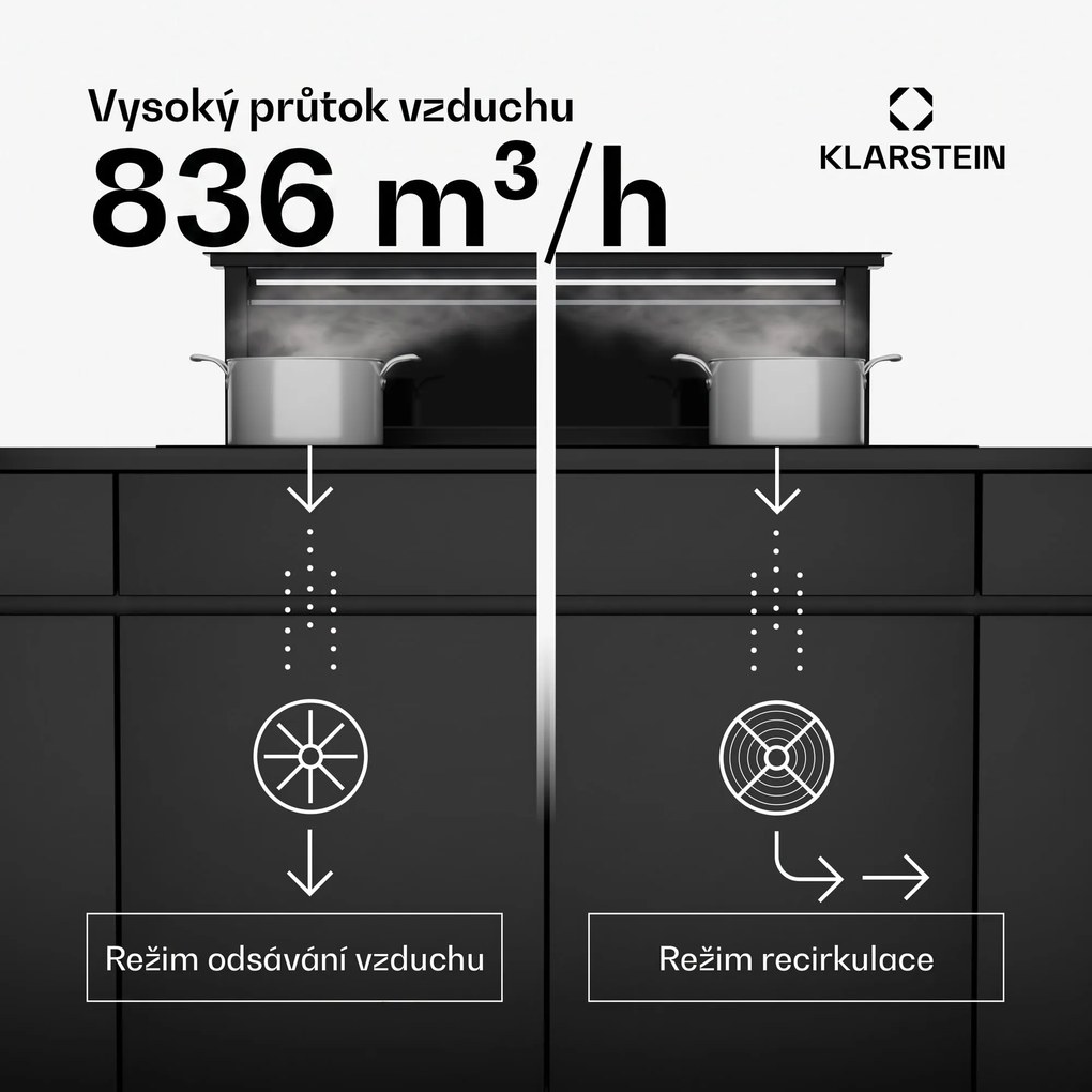 Klarstein Digestoř Royal Flush Eco, 836 m³/h průtoku vzduchu, šikmá, EEK A, 74 dB, LED dioda