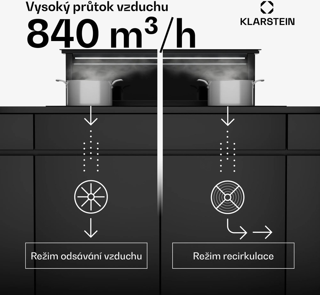 Klarstein Digestoř Royal Flush Eco, 842 m³/h průtoku vzduchu, šikmá, EEK A, 70 dB, LED dioda