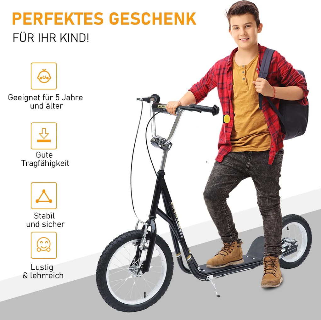 HOMCOM dětská koloběžka 16" koloběžka šlapací s brzdami pro děti od 5 let, odrazová deska černá 135x58x92-100 cm | Aosom.de