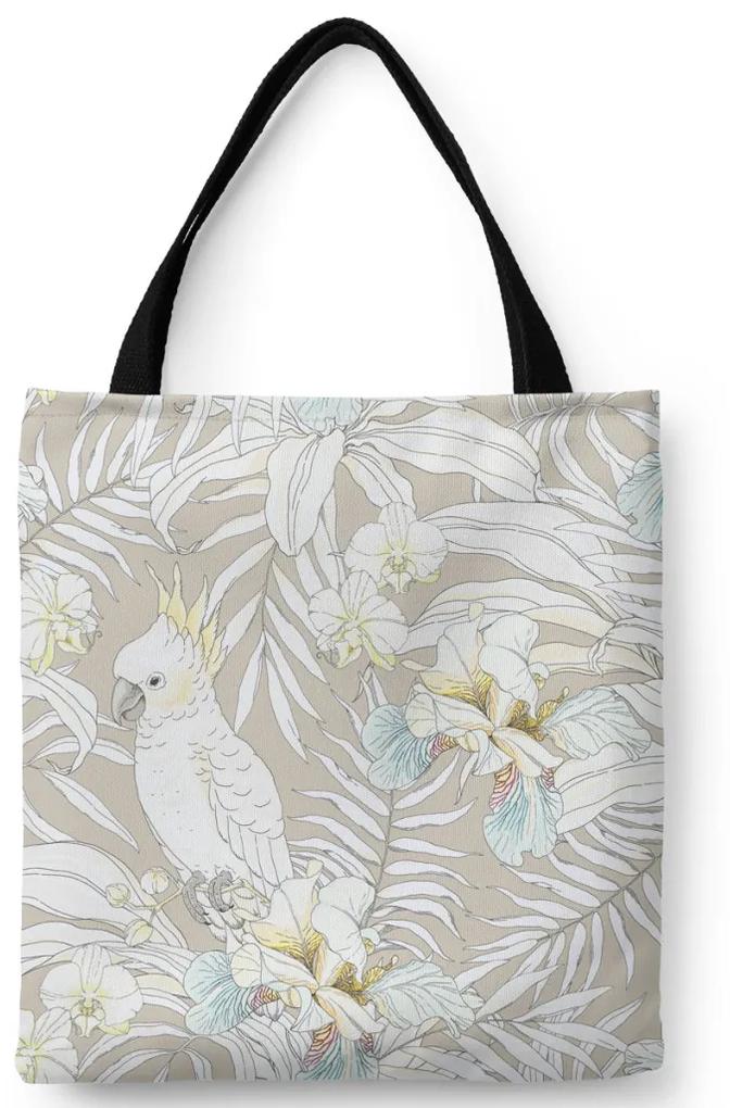 Nákupní taška Papoušek mezi listy - kompozice v bílých a šedých odstínech
