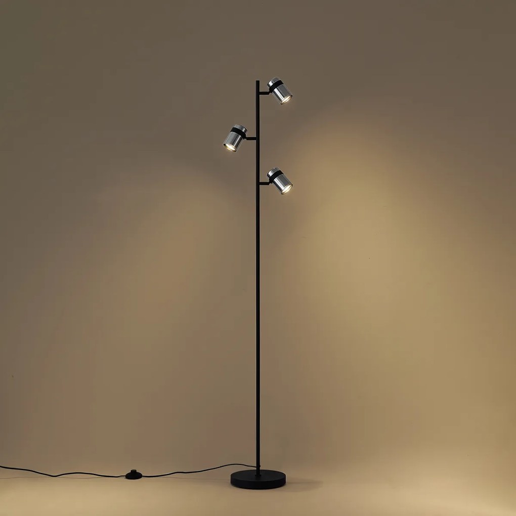 Moderní stojací lampa černá s kouřovým sklem, 3 světla, otočná a sklopná - Gianni