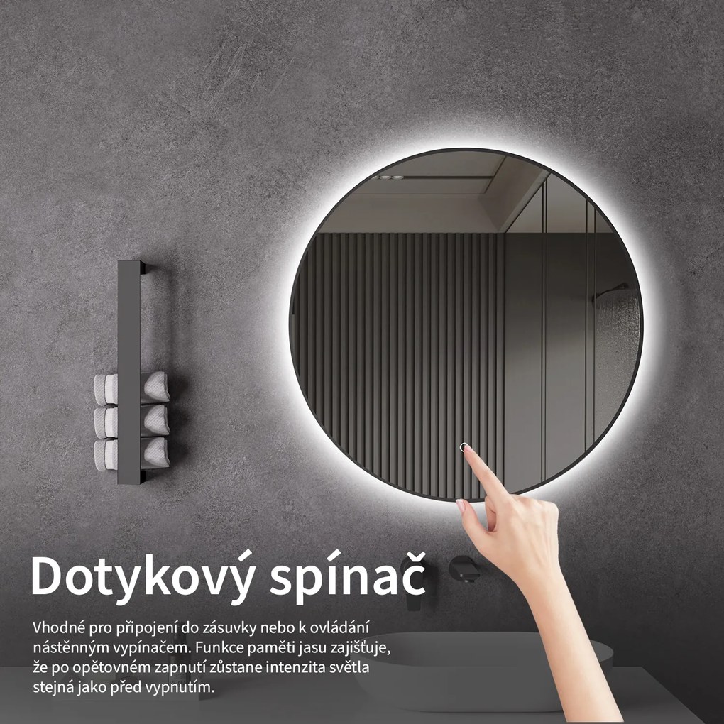 CERANO - Koupelnové LED zrcadlo Velo, kovový rám - černá matná - Ø 80 cm