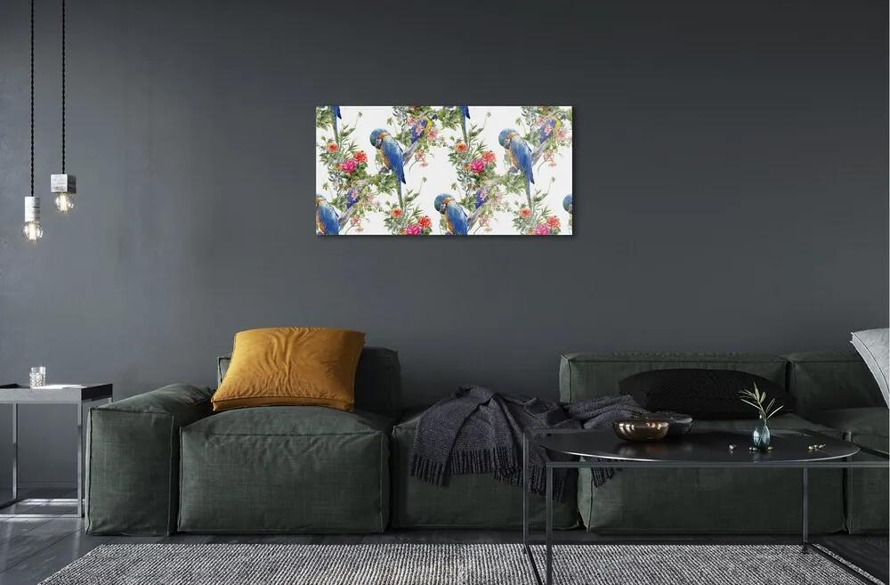 Obraz na skle Ptáci na větvi s květinami 100x50 cm